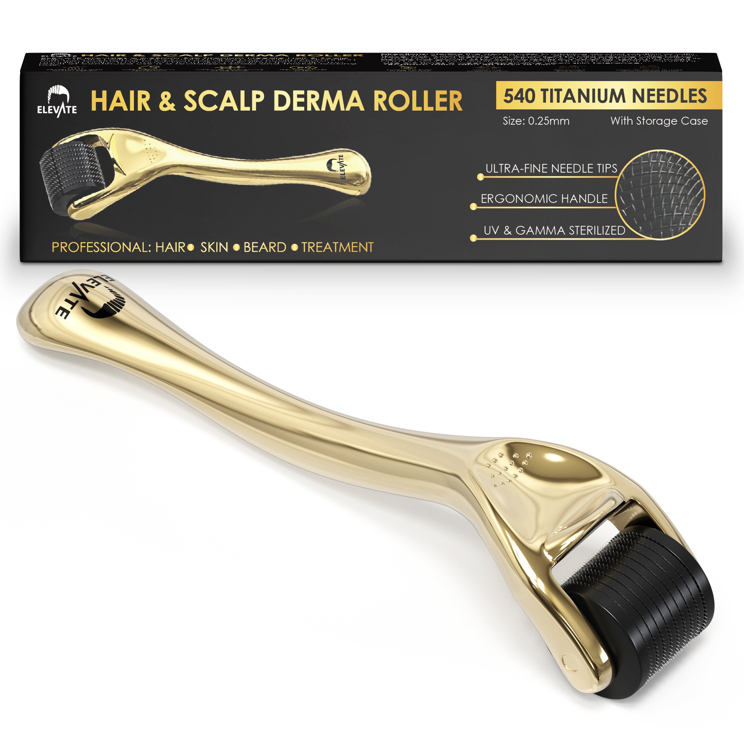 Derma Roller 0.25mm Luxury Gold Edition (for Face, Hair, Skin, Beard ...